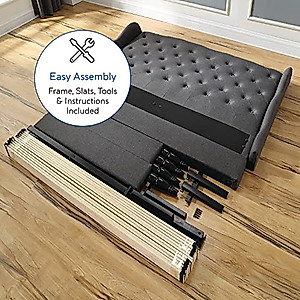 DeCoro Coventry Upholstered Platform Bed | Headboard and Metal Frame with Wood Slat Support | Grey, Queen Size