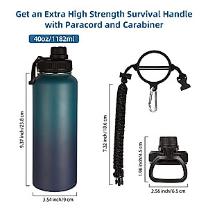 Volhoply 40 oz Insulated Water Bottles Paracord Handle, Stainless Steel Sports Bottle with Spout Lid, Double Walled Metal Travel Water Thermos with Wide Mouth, Reusable Water jug (Dark Night,1 Set)