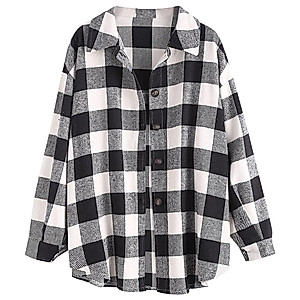 ZAFUL Women's Plaid Long Sleeve Shirt Button Down Wool Blend Thin Jacket Casual Blouse Tops with Pocket Black and White