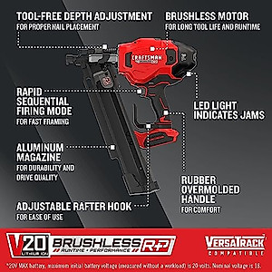 CRAFTSMAN V20 Cordless Framing Nailer, Nail Gun, 21 Degree, up to 3-1/4 inch Nails, Bare Tool Only (CMCN621PLB)