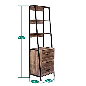 Parker Industrial Ladder Shelf Bookcase with 3 Drawers and 4 Open Shelves Ladder Bookshelf, Wooden Ladder Shelves with Metal Frame, Freestanding Display Bookcase for Living Room, Home Office, Walnut