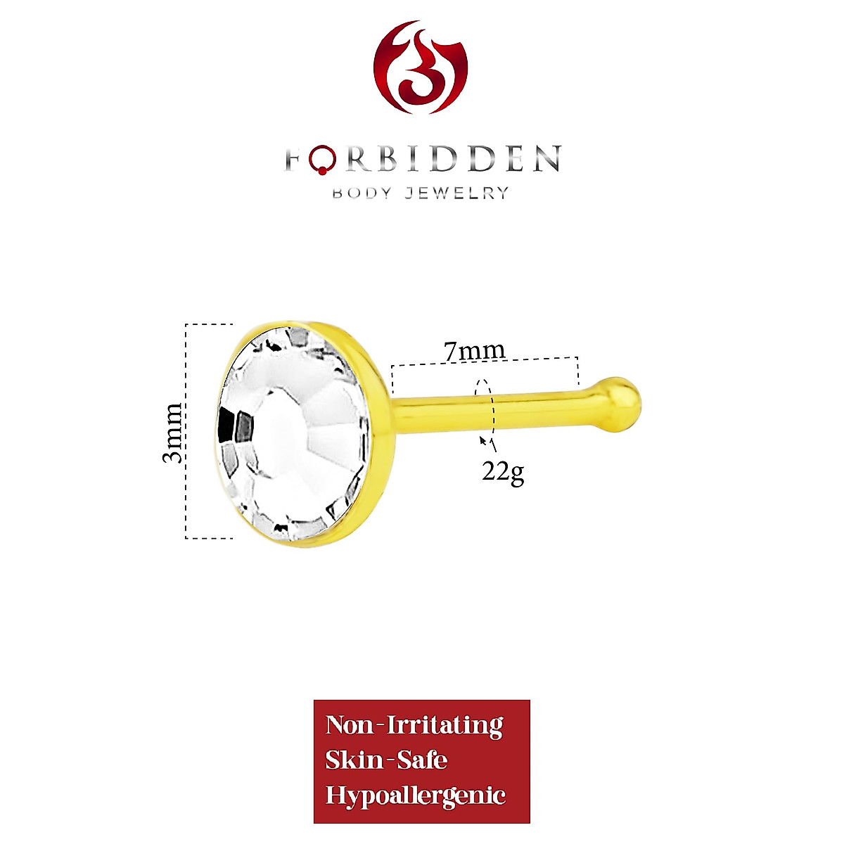 Forbidden Body Jewelry 14k Gold Plated Sterling Silver 22g 3mm Flat Top Clear Crystal Nose Stud