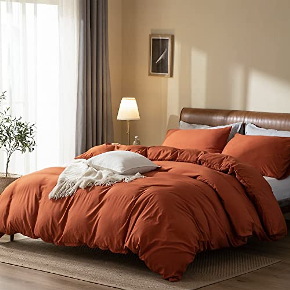 Burnt Orange Duvet Cover King, 100% Washed Microfiber Pink Bedding Set 3 Pieces Duvet Cover, 1 Duvet Cover with 2 Pillowcases, with Zipper Closure, Ultra Soft Feel Natural Wrinkled (Burnt, King)