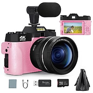 G-Anica Digital Cameras for Photography, 4K 48MP Video Camera, 16X Digital Zoom Vlogging Camera for YouTube, Travel Camera with 32GB SD Card and Wide Angle Lens Macro Lens（Pink）