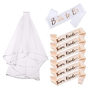 JVAENOUSN 8 Pcs Bride to be Sash Veil Set Bachelorette Party Decorations 1 Bachelorette Veil, 1 Bride Sash and 6 Team Bride Sashes