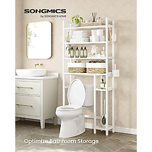 SONGMICS Over The Toilet Storage Shelf with Toilet Paper Holder, Bamboo Bathroom Organizer with Adjustable Shelves, 10.2 x 32.7 x 72.8 Inches, 4 Hooks, Storage Rack, Cloud White UBTS017W01
