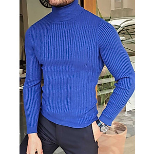 TURETRENDY Men's Stretch Muscle Tshirts Turtleneck Long Sleeve Knit Tees Casual Slim Fit Basic Shirt Tops Royal Blue 2XL