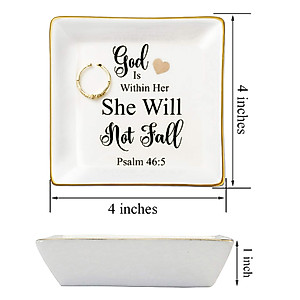 JoycuFF Religious Gifts for Women Inspirational Christian Jewelry Trinket Dish Birthday Gifts for Sister Daughter Mother Aunt Christians God Is Within Her She Will Not Fall