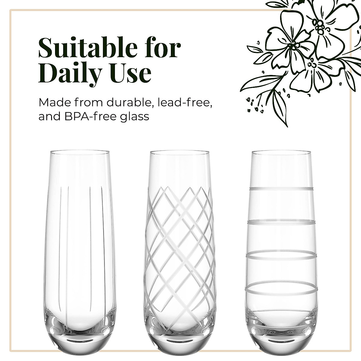 Fifth Avenue Crystal Medallion Stemless Champagne Flutes, Durable Glass, Mimosa, Cocktail Glasses Set, Prosecco Wine Flute, Bar Glassware, Toasting Wedding Glasses, Set of 6, Etched Patterns, 9.5oz