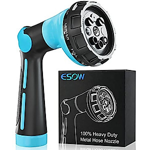 ESOW Garden Hose Nozzle 100% Heavy Duty Metal, Water Hose Sprayer with 8 Watering Patterns, Thumb Control On Off Valve, High Pressure Nozzle Sprayer for Watering Plants, Car and Pet Washing, Blue