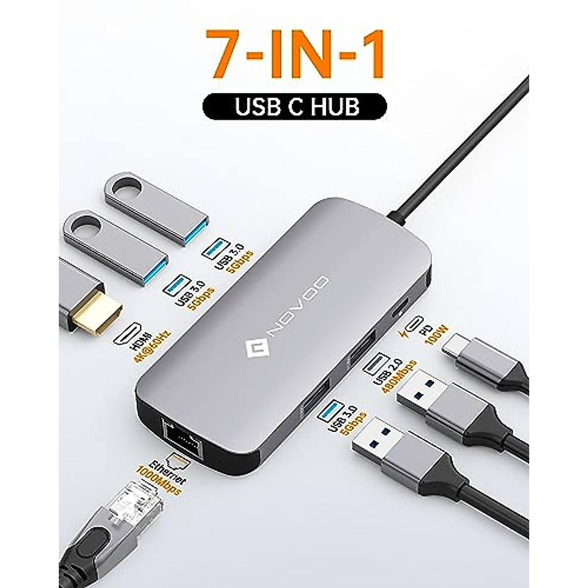 NOVOO USB C Hub Multiport Adapter to 4K HDMI, 1Gbps Ethernet, 100W PD Charging, USB C to USB x 4, 7 in 1 USB C Adapter for M1/M2 MacBook Pro/Air Dell HP Lenovo ASUS Surface