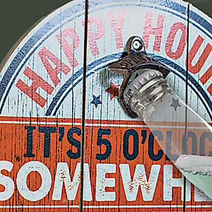 American Art Decor Bottle Opener & Cap Catcher - Wall-Mounted Wooden Beer Cap Collector - Room Decor Accessories for Bar, Man Cave, Garage, Game Room & More (Happy Hour)