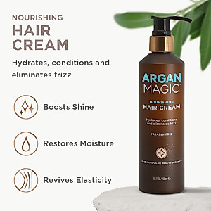 Argan Magic Nourishing Hair Cream - Hydrates, Conditions, and Eliminates Frizz for All Hair Types | Seals in Shine | Made in USA, Paraben Free, Cruelty Free (8.5 oz)