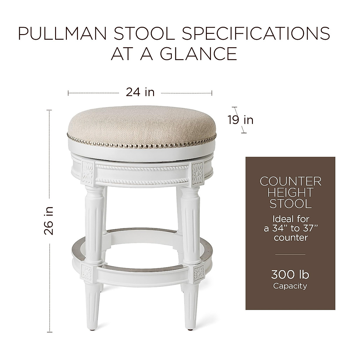 Maven Lane Pullman 26 Inch Tall Backless Alabaster White Finish Counter Height Upholstered Barstool with Cream Fabric Cushion Seat