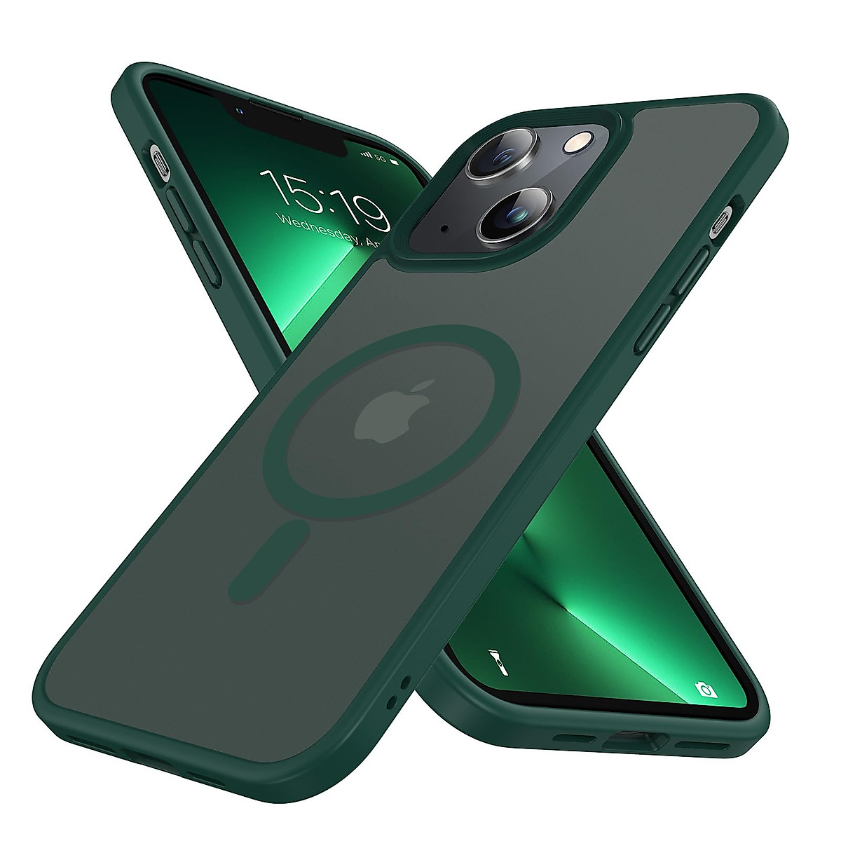 Mgnaooi Magnetic Case for iPhone 13 Mini Case [MIL-Grade Drop Tested & Compatible with MagSafe] Translucent Matte Back with Aluminum Alloy Keys, Shockproof Phone 13 Mini Case 5.4 Inch, Green