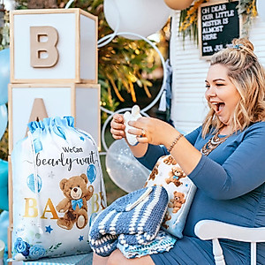 Chapou 4 Pcs Bear Baby Shower Drawstring Gift Bags Reusable Fabric Gift Bags We Can Bearly Wait Gift Bags 20 Inch Large 12 Inch Medium Gift Wrap Treat Bags for Baby Shower Birthday Gender Reveal Party