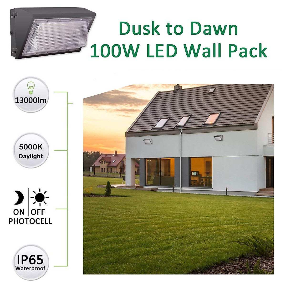 SZGMJIA 100W LED Wall Pack with Dusk to Dawn Photocell, 5000K Daylight, 13000LM, AC100-277V with ETL Listed. Commercial and Industrial Outdoor LED Security Lighting for Parking Lots