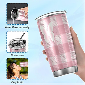 Amooorous Lovely Pink Lace Butterfly Plaid Stainless Steel insulated water bottle for home Leak-proof Lid and Straw coffee mug to go for camping vacuum insulated tumbler with lid vaso para