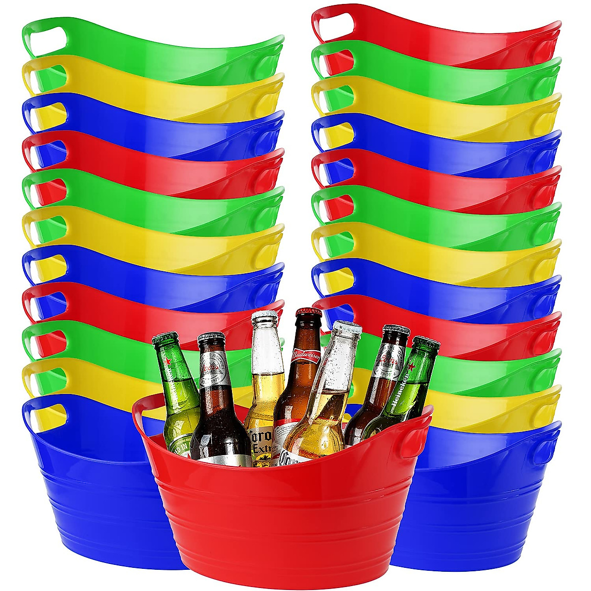 Zilpoo 24 Pack - Plastic Oval Storage Tub, Wine, Beer Bottle Drink Cooler, Parties Ice Bucket, Party Beverage Chiller Bin, Baskets, Colored