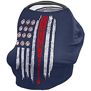 Baby Car Seat Covers American Flag, Nursing Cover Breastfeeding Scarf/Shawl, Infant Carseat Canopy, Stretchy Soft Breathable Multi-use Cover Ups, Baseball Blue White Stripe