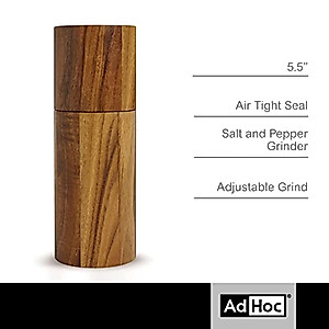 Adhoc Acacia Wood Salt or Pepper Mill - Wood Salt & Pepper Grinders with an Aroma Cap - Refillable Spice Tools - Hand Wash Kitchen Gadget - Brown, 5.5"