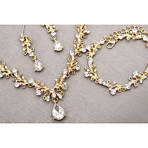 3Pcs Austrian Crystal Jewelry Set for Women, Necklace Dangle Earrings Link Bracelet with Gold/Platinum/Gun Plated, Wedding Party Bridal Bridesmaid (White-Gold Plated)