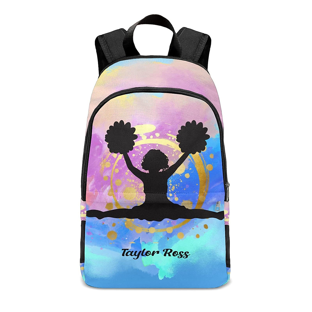 Urcustom Personalized Name Cheerleader Girl Rainbow Watercolor Backpack Unisex Bookbag for Boy Girl Travel Daypack Bag Purse 17.7 IN