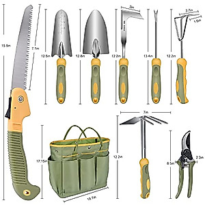 Garden Tool Set, WisaKey 9 Piece Stainless Steel Heavy Duty Green Gardening Tools with Non-Slip Ergonomic Handle, Durable Garden Tool Bag, Ideal Gardening Hand Tools, Gardening Gifts for Women and Men