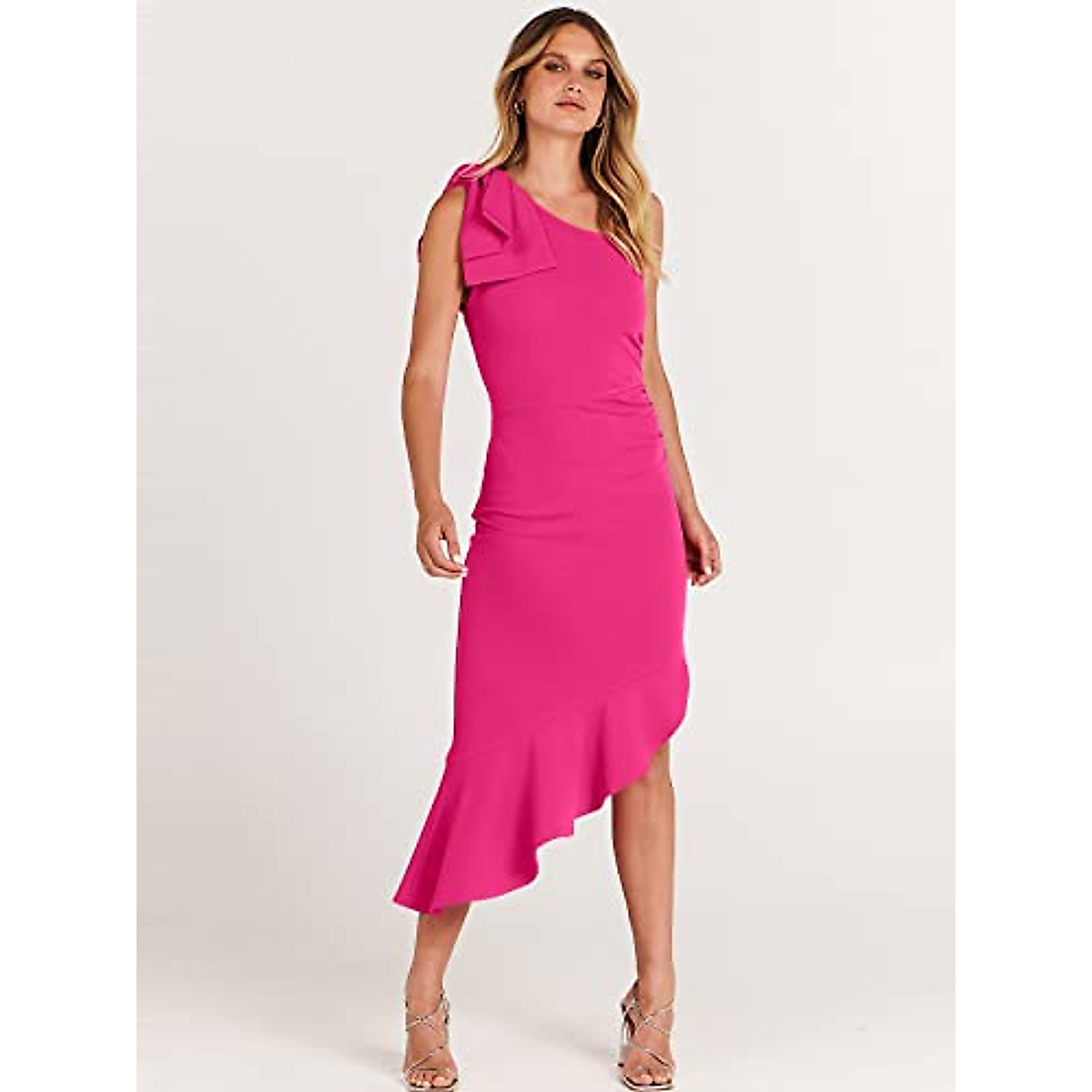 ANRABESS Women's Summer One Shoulder Formal Graduation Prom Midi Dresses Sleeveless Bodycon Mermaid Ruffle Cocktail Wedding Guest Dress 838meihong-L Rose