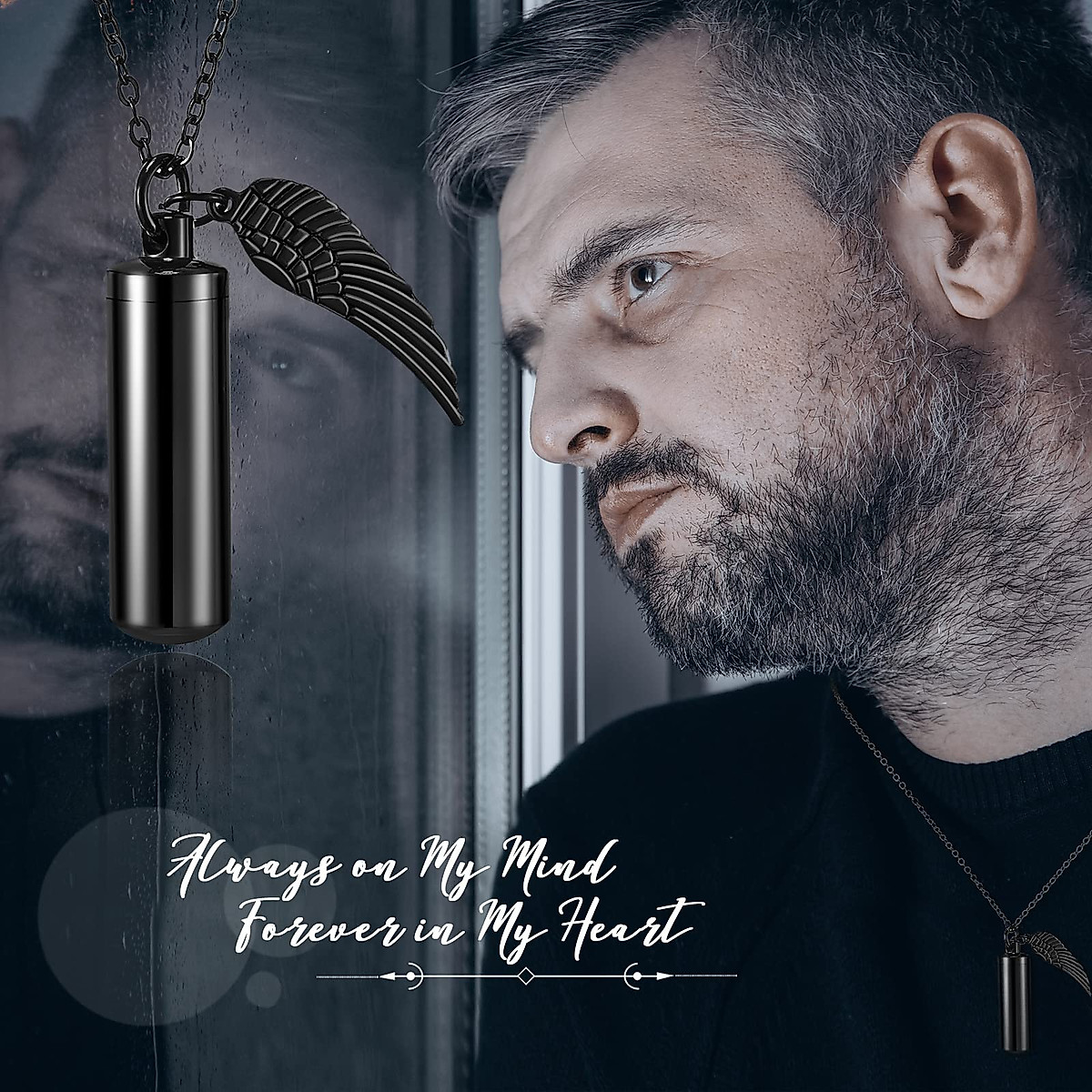 MTLEE Urn Necklace for Ashes Cremation Jewelry for Ashes, 6 Pieces Stainless Steel Cremation Jewelry for Women Men, Memorial Necklace Angel Keepsake Cylinder Pendant with Filling Kit (Black)