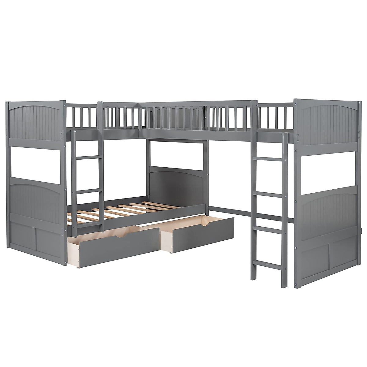 Triple Bunk Beds, L-Shaped Bunk Bed for 3 with Drawers,Twin Over Twin Wood Bunk Bed and Loft Bed with Storage for Kids, Boys, Girls, Teens, Adults, Gray
