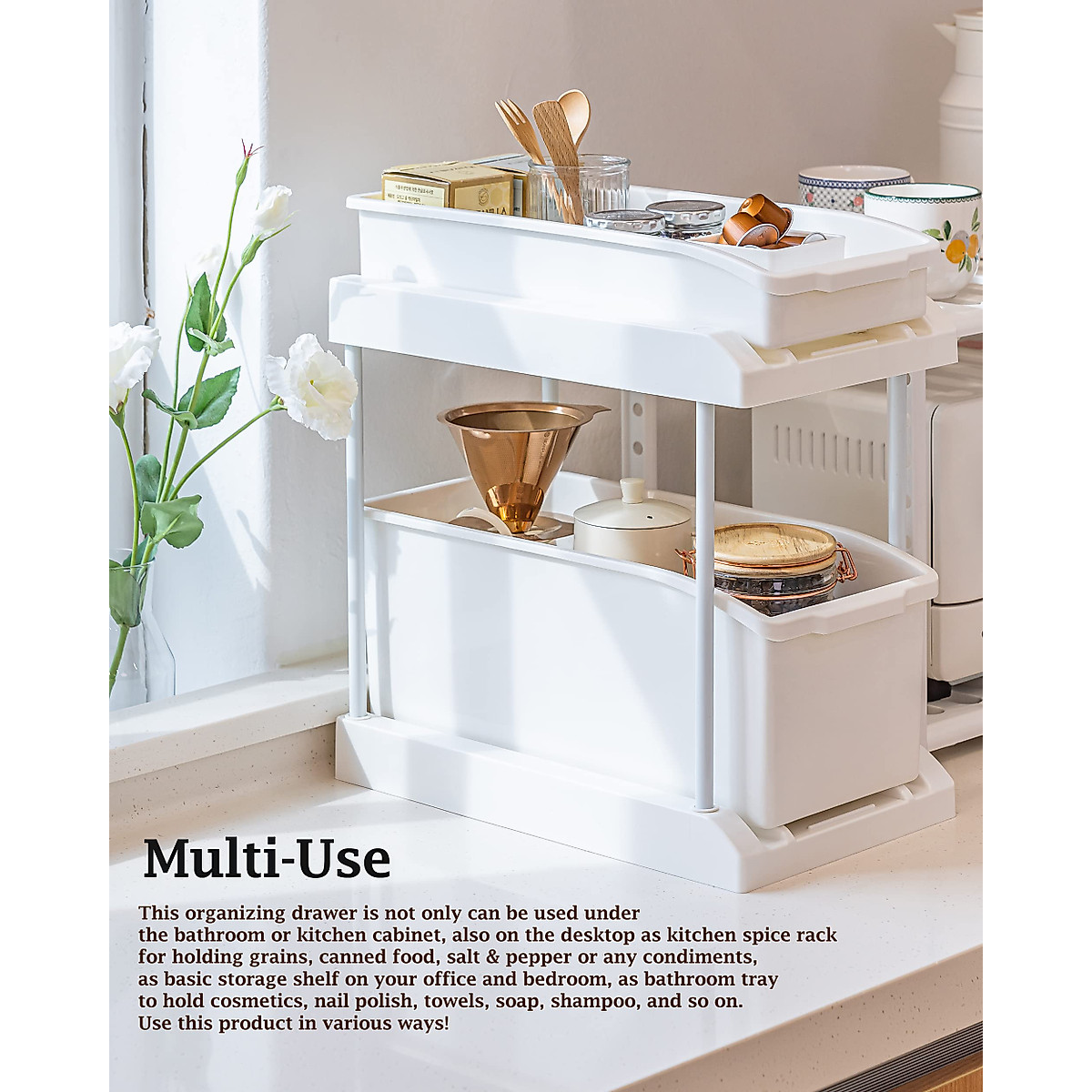 COELO Under Sink Organizer 2-Tier Shelf Kitchen Bathroom Cabinet Multi-purpose Multi-use Dish Brush Storage Sponge Holder Standing Rack, White