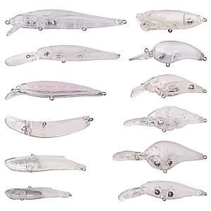 Unpainted Fishing Lures Crankbait Blanks Hard Lures Kit with 3D Eyes Blank Fishing Lure Making Kit Lipless Crankbait Minnow Popper Jerkbait VIB Clear Bodies