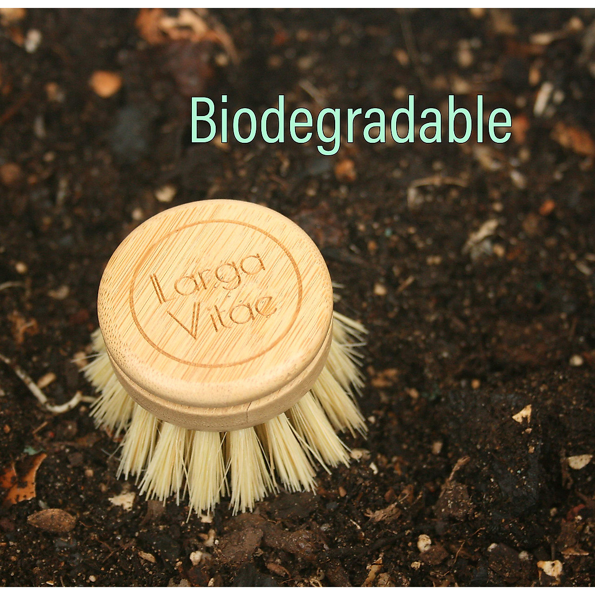 Larga Vitae Wooden Dish Brush Made of Renewable Bamboo Wood and Natural Bristle Tampico Fiber, includes 5 Replacement Brush Heads, Durable, Long Lasting, All Purpose Kitchen Scrubber