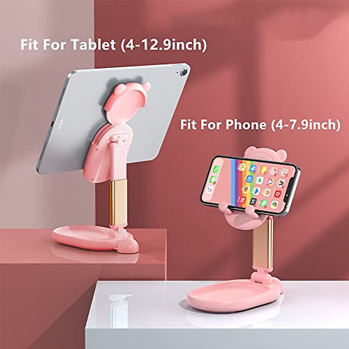 SOARCHICK Cute Bear Foldable Phone Stand for Desk Portable Cell Phone Holder with Makeup Beauty Mirror Adjustable Height Angle Kawaii Office Supplies Pink Desk Accessories for Women Girls Gifts