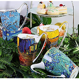 YBK Tech Bone China Coffee Mug, 16oz Large Tea Cup - Design Inspired by Van Gogh's Paintings (Iris flower)