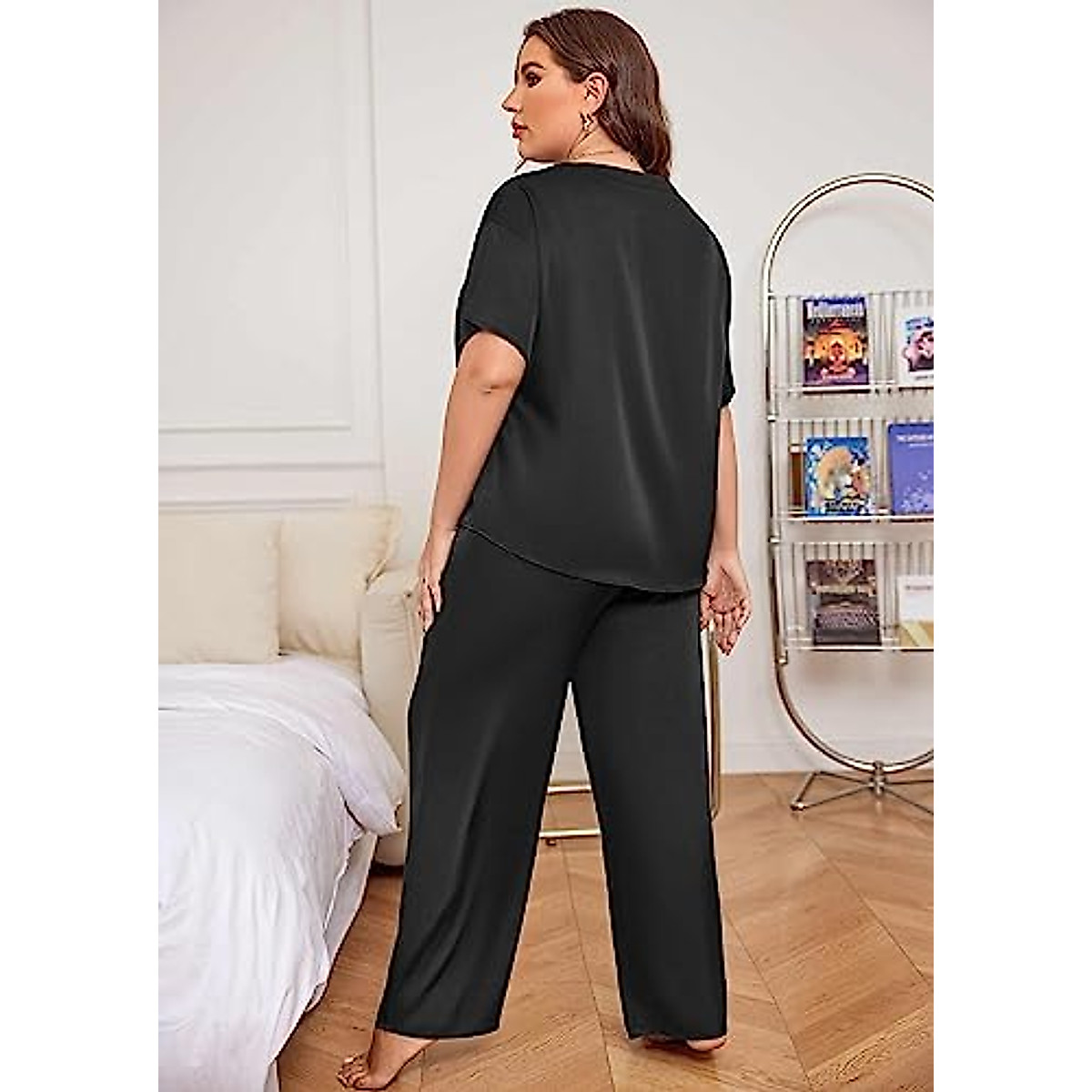 Ekouaer Womens Plus Size Silk Pajama for Women Silk Satin Set Two Piece Short Sleeve Sleepwear Pajamas 3x Sleepwear for Women Plus Size Black 22W