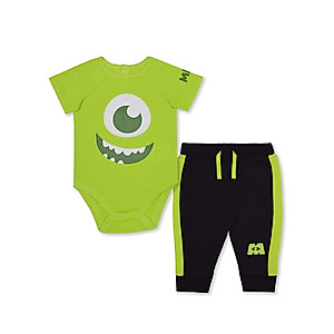 Disney Monsters Inc Boys’ Mike or Sully Short Sleeve Bodysuit and Jogger Pants Set for Newborn and Infant