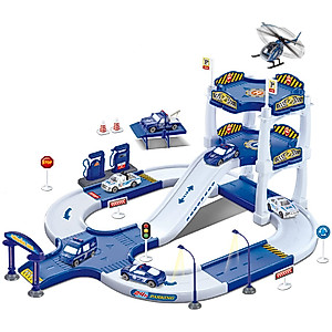 Diecast Police City Station Parking Garage - Police Car Toys for Boys with Track, Garage, 3 Police Car Toy Vehicles, 1 Helicopter