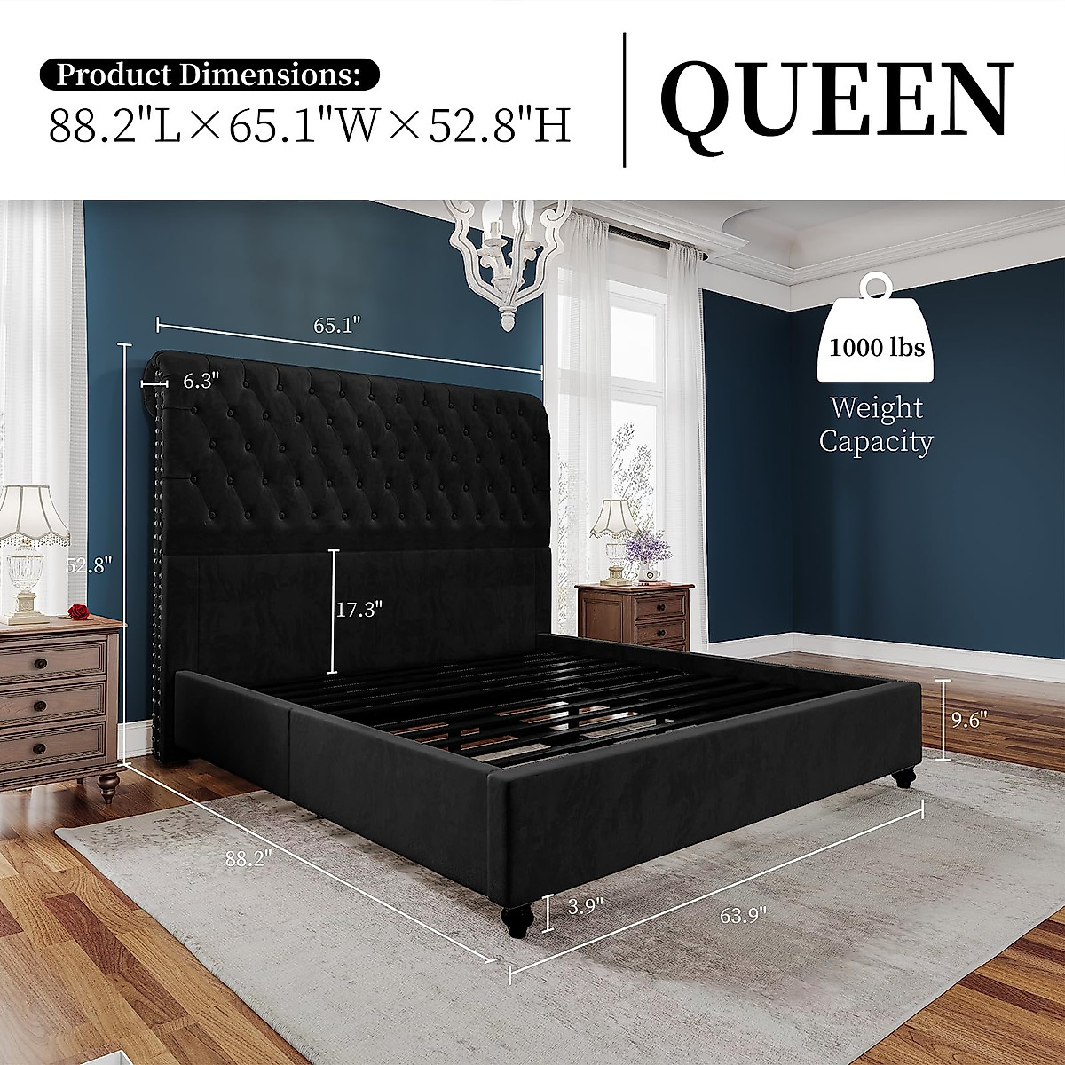 PaPaJet Bed Frame Queen Size Upholstered Platform Bed with 52.8'' Tall Sleigh Headboard, Button Tufted, No Box Spring Needed, Easy Assembly, Black
