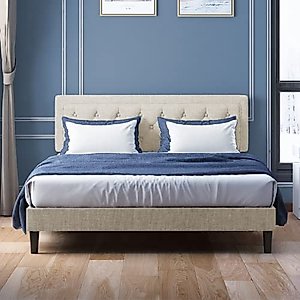 Mjkone Queen Size Bed Frame with Adjustable Headboard,Platform Bed Frame with Button Tufted Linen Fabric,Upholstered Bed with Strong Metal Frame/Wood Slats Support,Easy Assembly-Beige