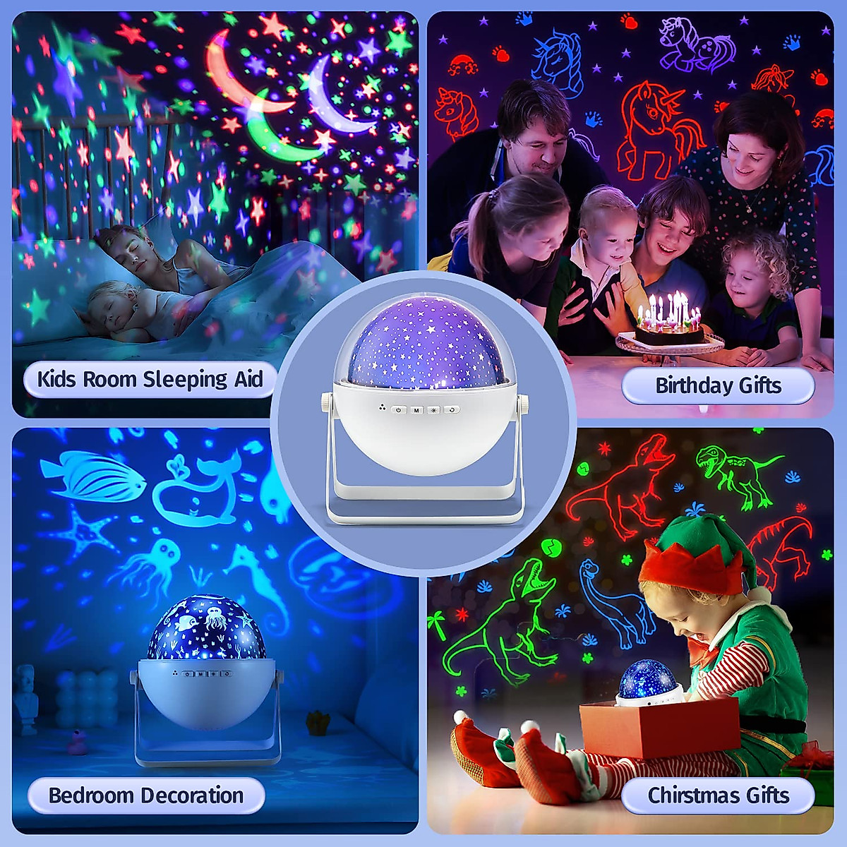 One Fire Kids Night Light Projector, 4 in1 Sound Machine Baby Night Light,Bluetooth Speaker Star Projector Night Light for Kids,4 Films 64 Light Modes Star Light Projector for Christmas Gifts for Kids