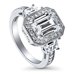 BERRICLE Sterling Silver Halo Wedding Engagement Rings Emerald Cut Cubic Zirconia CZ Statement Ring for Women, Rhodium Plated Size 7