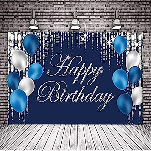 Happy Birthday Backdrop Navy Blue and Silver Happy Birthday Sign Blue Happy Birthday Banner Photo Studio Backdrop Birthday Party Supplies Photography Background for Favor Children Men Women 5x3ft