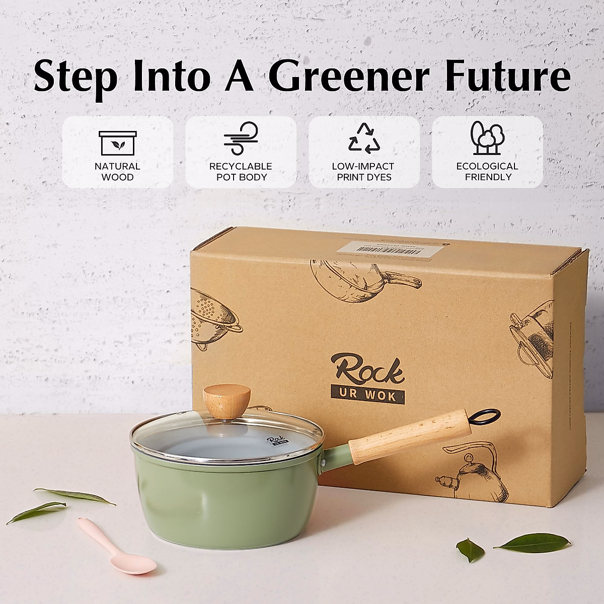 ROCKURWOK Ceramic Nonstick Sauce Pan with Lid, 1.5 Qt Small Pots for Cooking, Small Pot Wooden Handle for Cool Touch, Non Toxic & Pfas-Free Saucepan, Universal Base(Gas, Electric & Induction), Green