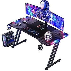 HLDIRECT 47 Inch Gaming Desk with LED Lights Carbon Fibre Surface Gaming Table Large Computer Desk Ergonomic Home Office Desks Z Shaped PC Gamer Workstations with Cup Holder & Headphone Hook Black
