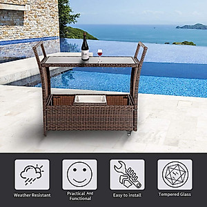 Bonnlo Wicker Outdoor Bar Cart with Wheels and Ice Bucket, Outdoor Bar Table Serving Cart Rattan Bar Cart with Glass Top and Wine Glass Holder for Pool, Party, Backyard, Porch