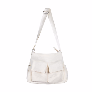 Canvas Messenger Bag Crossbody Shoulder Bag for Men and Women Vintage Tote Laptop Bag Large Hobo Bag with Multiple Pockets (Off-White)