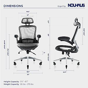 Nouhaus ErgoFlip Mesh Computer Chair - Grey Rolling Desk Chair with Retractable Armrest and Blade Wheels Ergonomic Office Chair, Desk Chairs, Executive Swivel Chair/High Spec Base