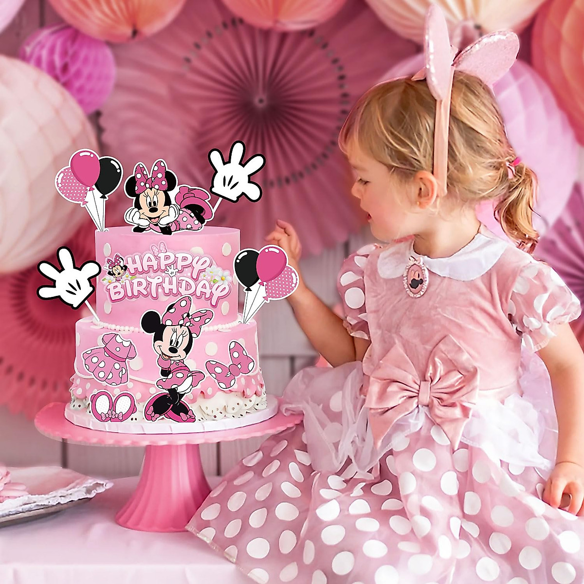 EnlSinr 9 Pcs Pink Minnie Cake Decorations for Girls, Pink Bow and White Gloves Mouse Birthday Decorations Minnie Birthday Cake Topper for Girls 1st 2nd 3rd Birthday Party Baby Shower Decorations